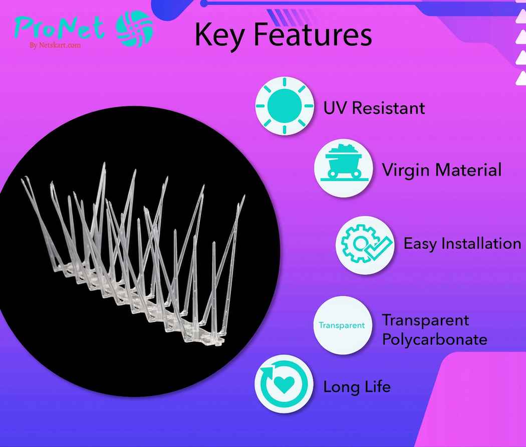 ProNet® Bird Spikes Pigeon Control Spikes, Polycarbonate Transparent 3 ...